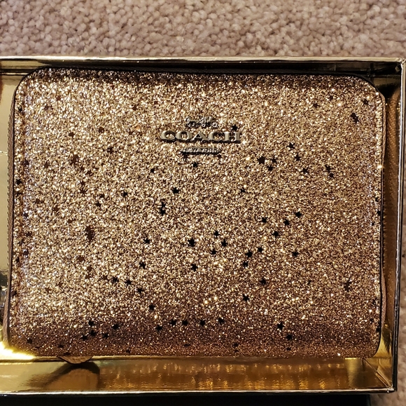 Coach | Bags | Nwt Coach Gold Black Star Glitter Zip Around Wallet ...